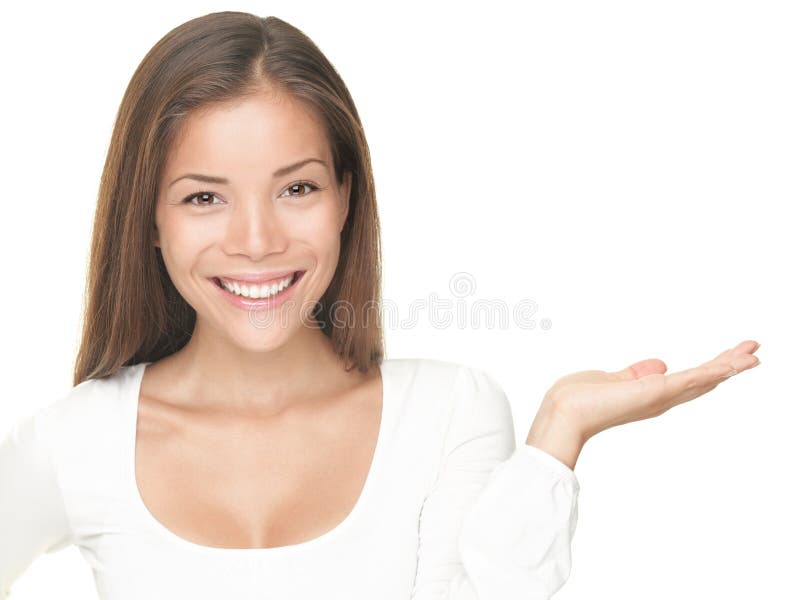 Smiling Woman Showing Open Hand Stock Image - Image of business, adult ...