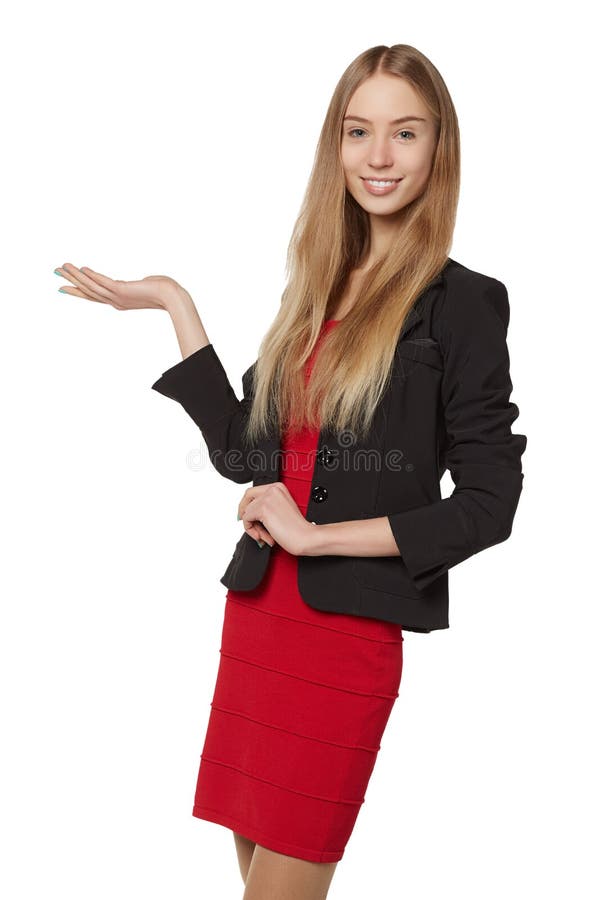 Smiling Woman Showing Open Hand Palm with Copy Space for Product Stock ...