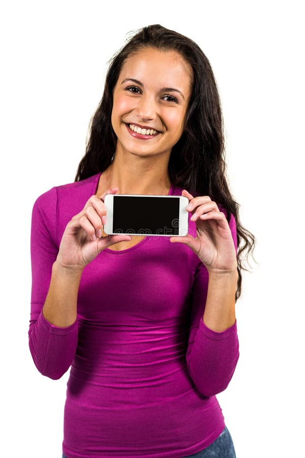 Smiling Woman Showing Smartphone Screen at the Camera Stock Photo ...