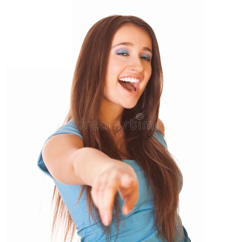 Smiling Woman Shows Forward at You Stock Image - Image of forward ...