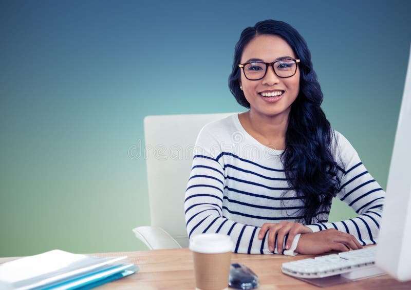 Smiling Woman Sitting at Computer Desk Stock Image - Image of ...