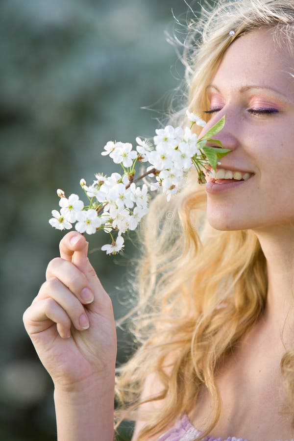 Beautiful Smiling Young Woman Enjoying Smell Flowering Spring Stock ...