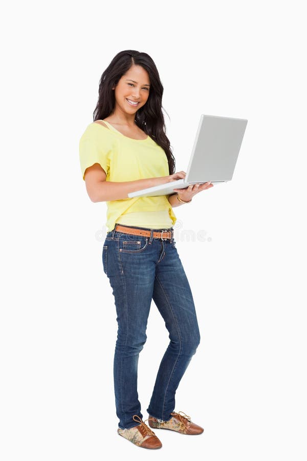 Smiling Woman Student Standing with a Laptop Stock Photo - Image of ...
