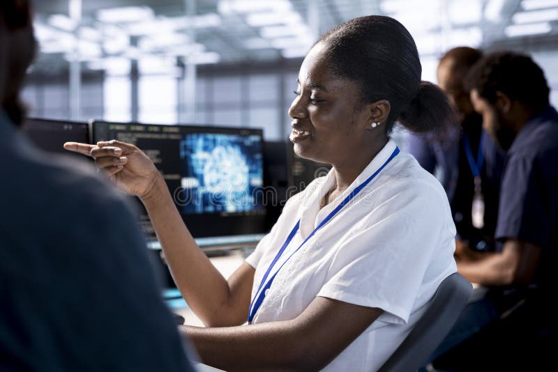 Smiling Woman Talking with Colleague in Server Room, Creating AI ...