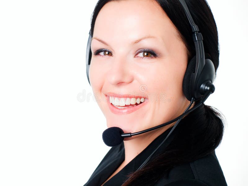 Smiling Woman Talking by Headphone Stock Photo - Image of helpline ...