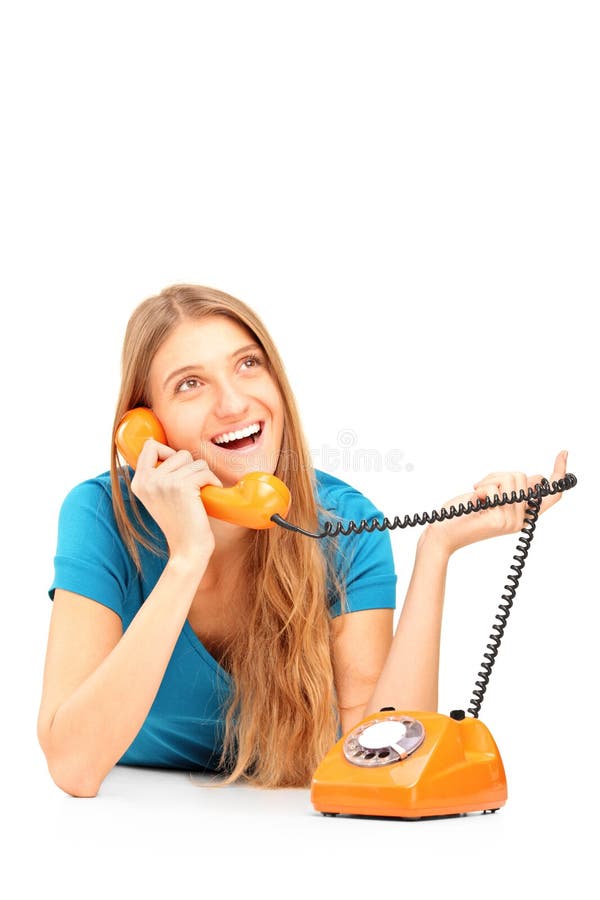 Smiling Woman Talking on an Old Styled Phone Stock Image - Image of ...