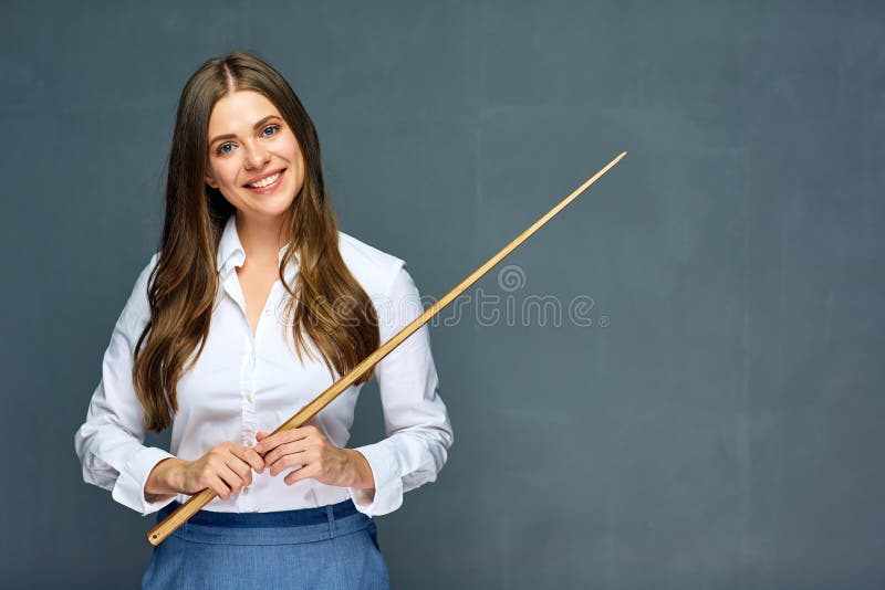 Smiling Woman Teacher Holding Wooden Pointer. Stock Photo - Image of ... Smiling Woman Teacher Holding Wooden Pointer. Stock Photo - Image of ...