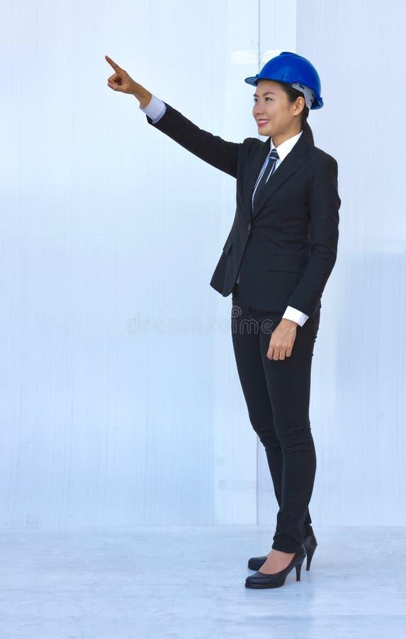 Smiling Woman Technical Operators Pointing Finger Stock Photo - Image ...