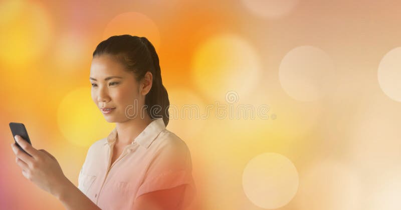 Smiling Woman Texting in Colored Lights Background Stock Image - Image ...