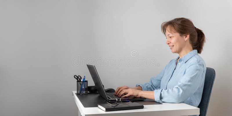 Woman Typing Keyboard Using Laptop Looking Pc Screen Remote Hardworking ...