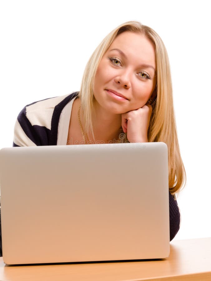 Smiling Woman Using a Laptop Stock Image - Image of background ...