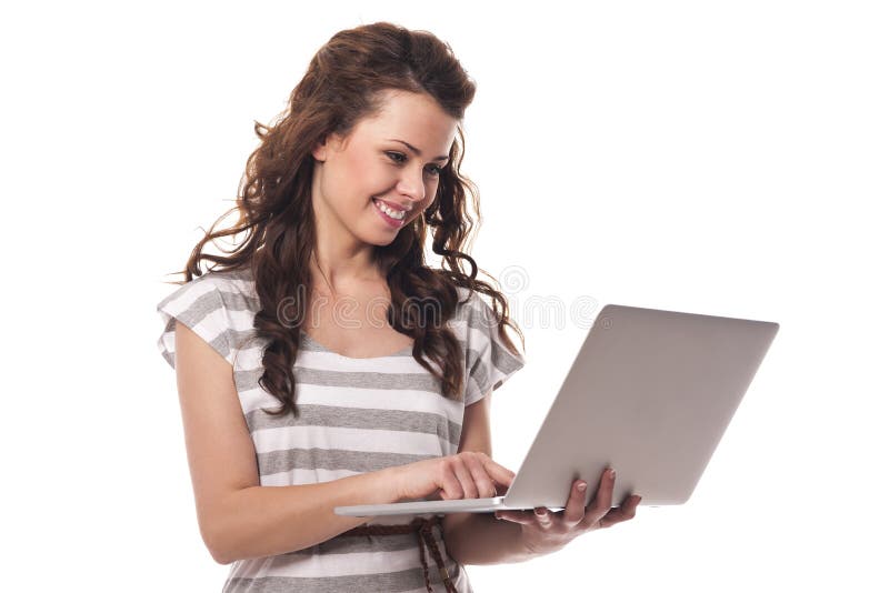 Smiling woman using laptop stock photo. Image of beautiful - 36811510