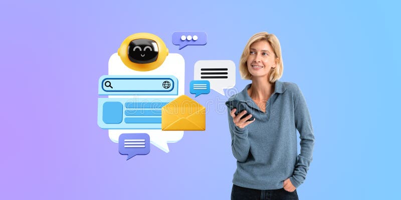 Smiling Woman Using Smartphone and Chat Bot, Technology and ...