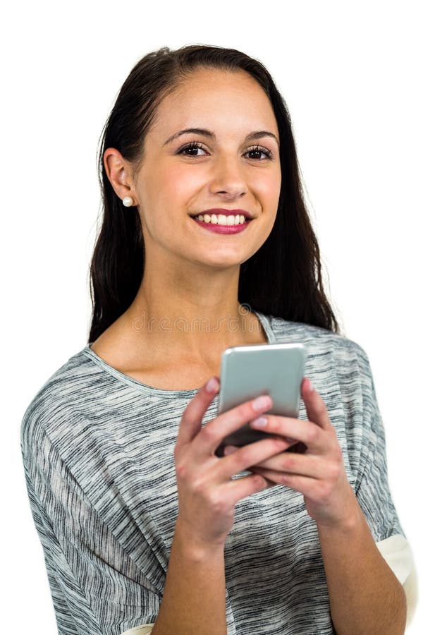 Smiling Woman Using Smartphone and Looking at the Camera Stock Photo ...