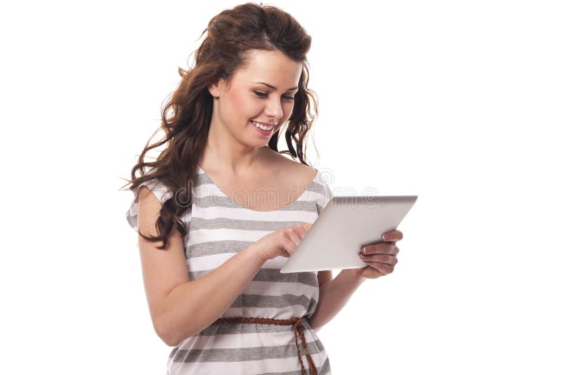 Smiling woman using tablet stock image. Image of contemporary - 36811547