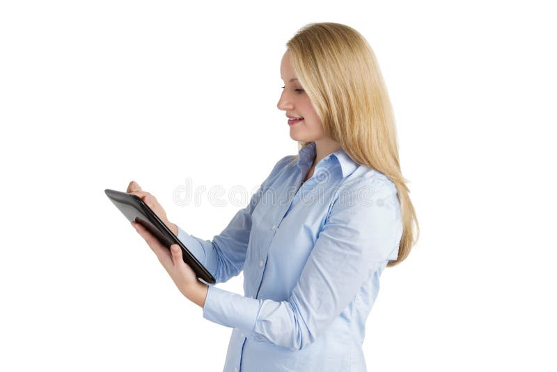 Smiling Woman Using a Touchscreen Tablet Stock Image - Image of happy ...