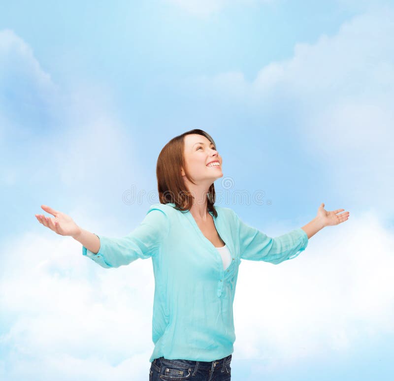 Smiling woman waving hands stock image. Image of perfect - 38526771