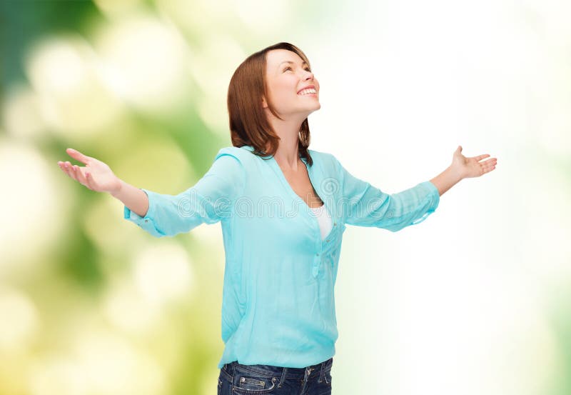 Smiling woman waving hands stock image. Image of hands - 38558485