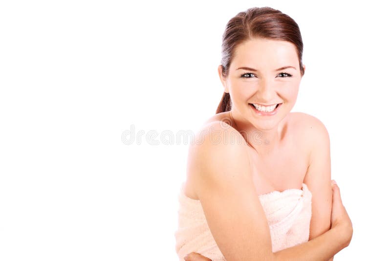 Smiling Woman Wearing Bath Towel Stock Image - Image of female, hair ...