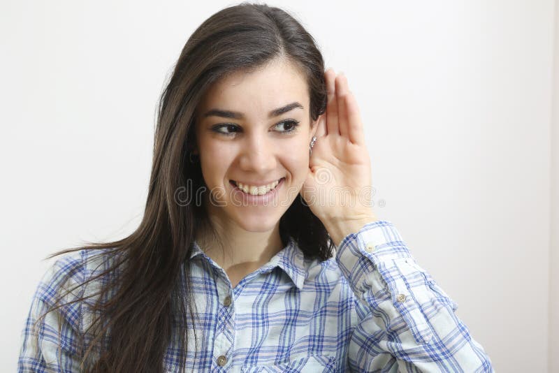 Smiling Woman Who is Eavesdropping Stock Image - Image of black, hair ...