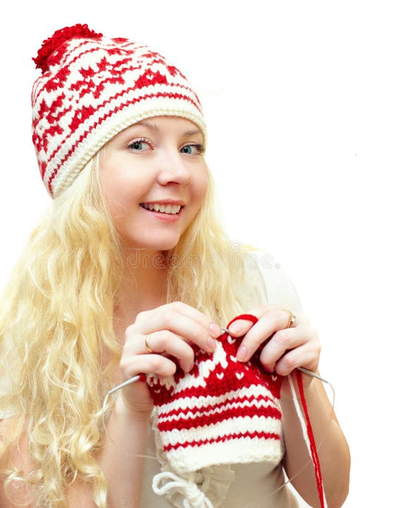 Smiling Woman in Winter Cap Knitting Patterns Stock Image - Image of ...