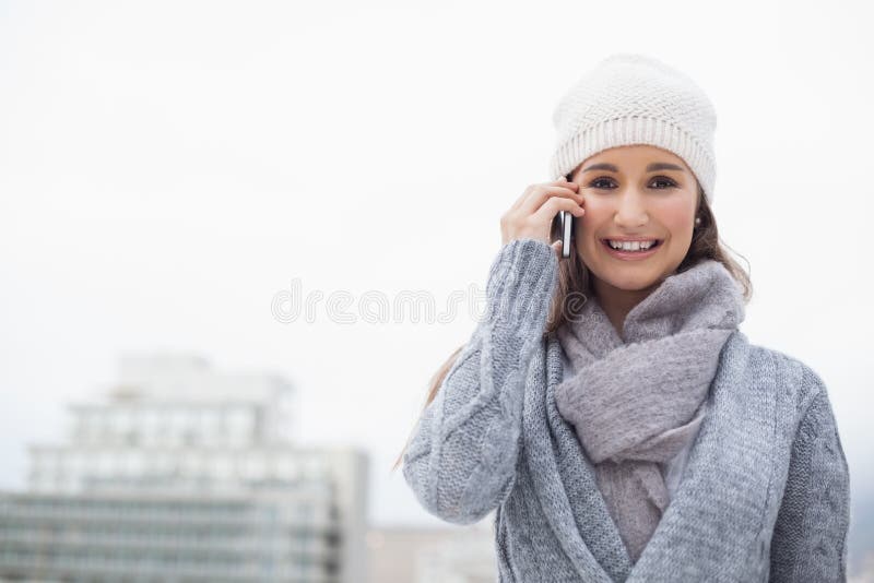 Smiling Woman with Winter Clothes on Having a Call Stock Image - Image ...