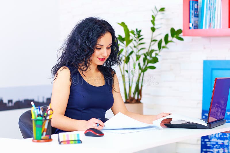 Smiling Woman Working in Office Stock Image - Image of happy, elegance ...