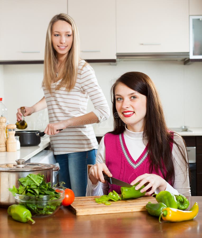Smiling Women Cooking in Kitchen Stock Image - Image of soup, young ...