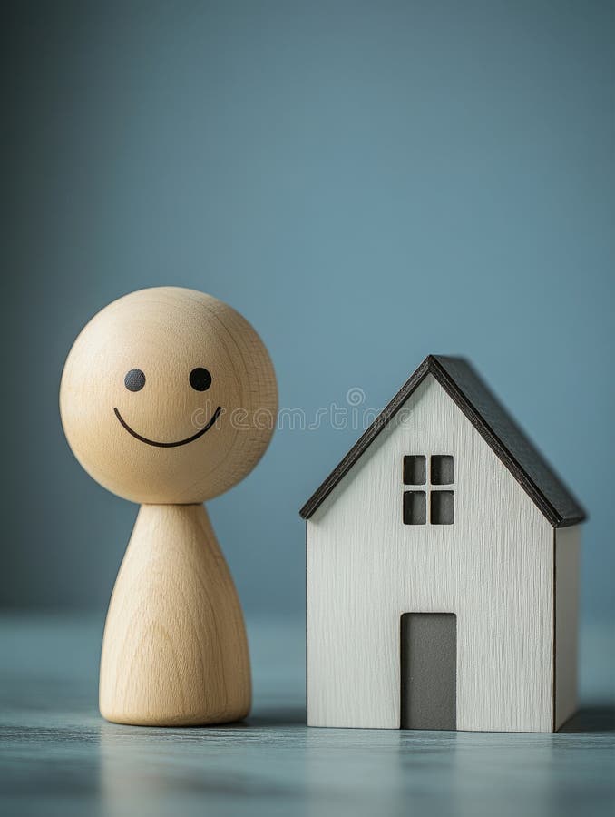 Smiling Wooden Doll beside a Toy House on Table Stock Photo - Image of ...
