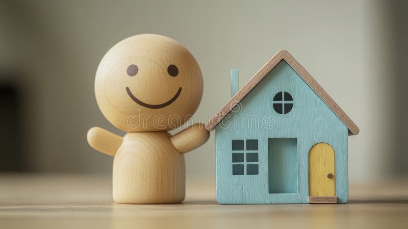Smiling Wooden Figure with Small Blue House Model on Table. Stock Photo ...