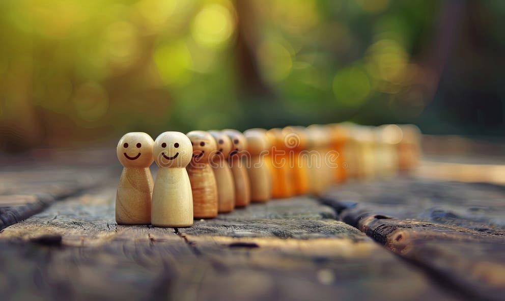 Smiling Wooden Figurines in a Row Teamwork or Groupthink Concept Stock ...