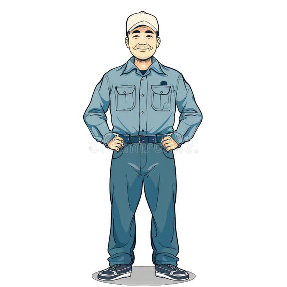 Smiling Worker in Blue Work Uniform, Hands on Hips Stock Illustration ...