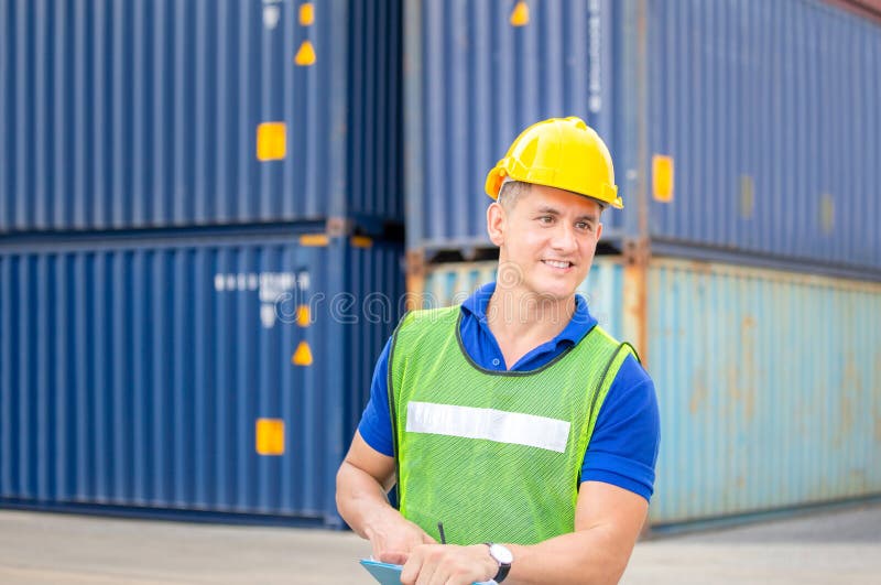 Smiling Worker Man Holding Clipboard Checklist and Checking Containers ...