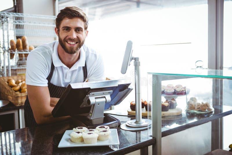 Smiling Worker Posing Behind the Counter Stock Image - Image of ...