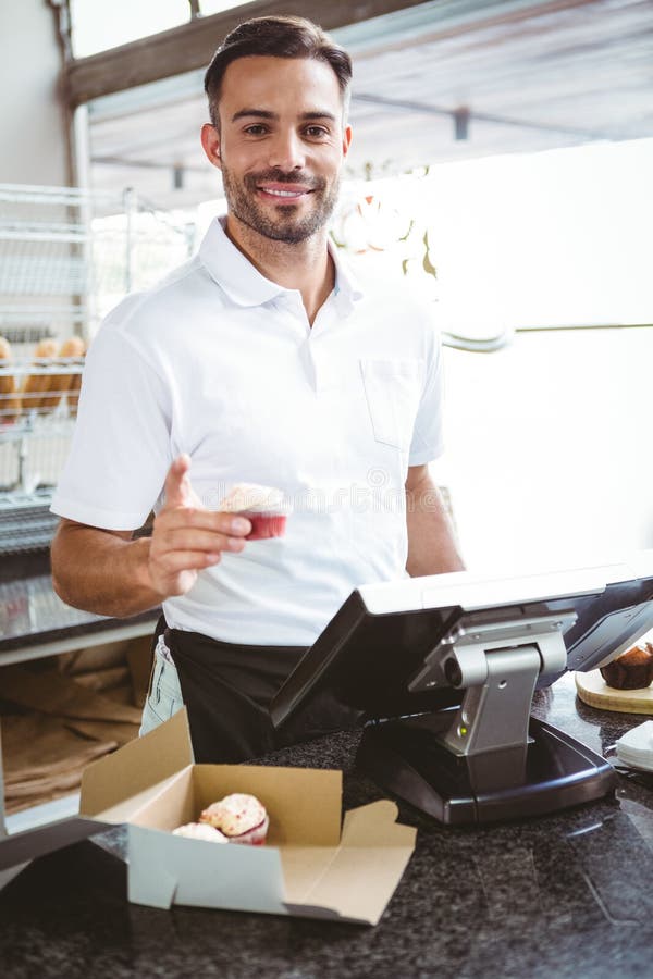 Smiling Worker Prepares Orders Stock Image - Image of apron, employed ...