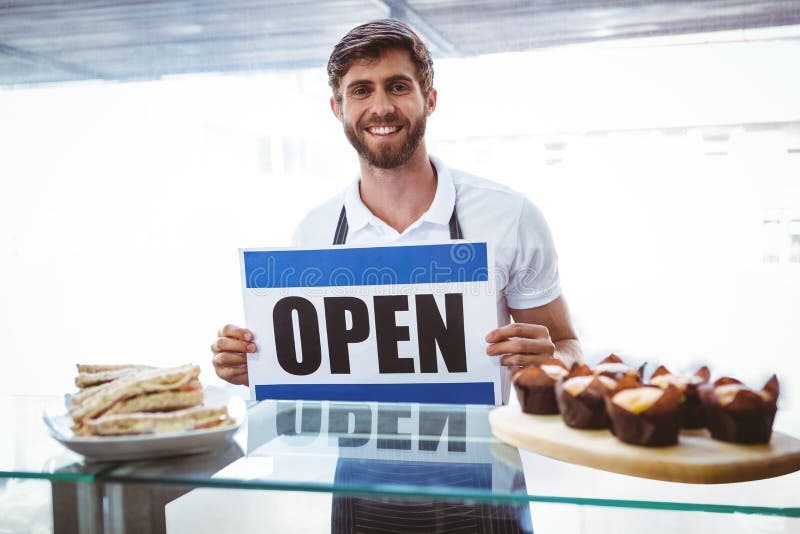 Smiling Worker Putting Up Open Sign Stock Image - Image of service ...