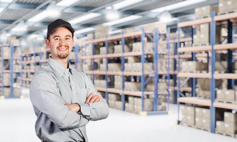 Smiling Worker in Warehouse Stock Image - Image of container, looking ...