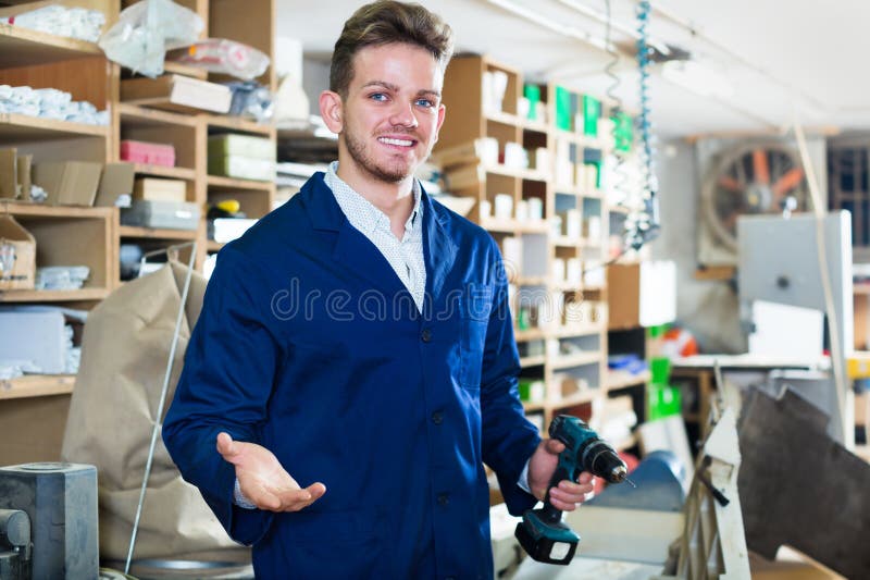 Working Man Practising Skills with Drill Stock Image - Image of worker ...
