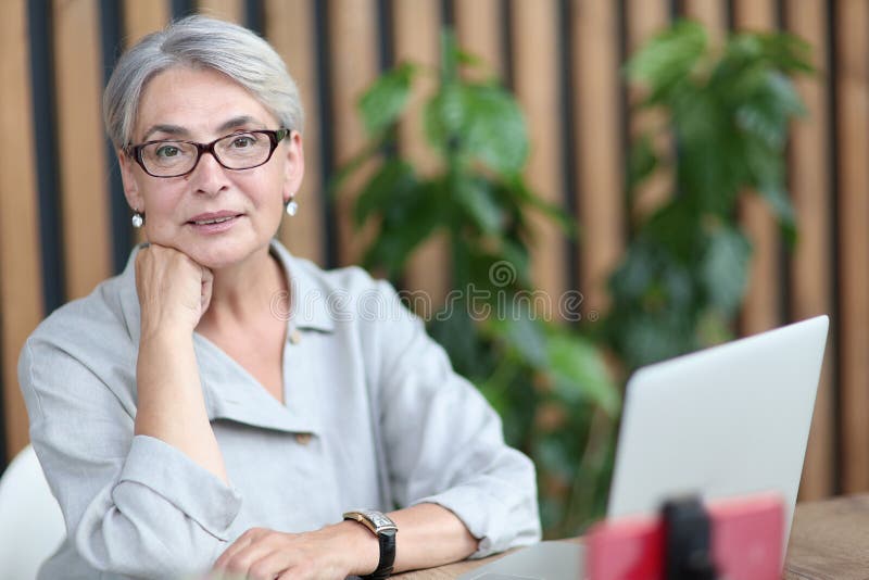 Smiling 60-year-old Business Lady Using a Computer Stock Image - Image ...