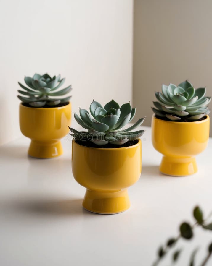 Smiling Yellow Ceramic Planters with Succulents. Stock Photo - Image of ...