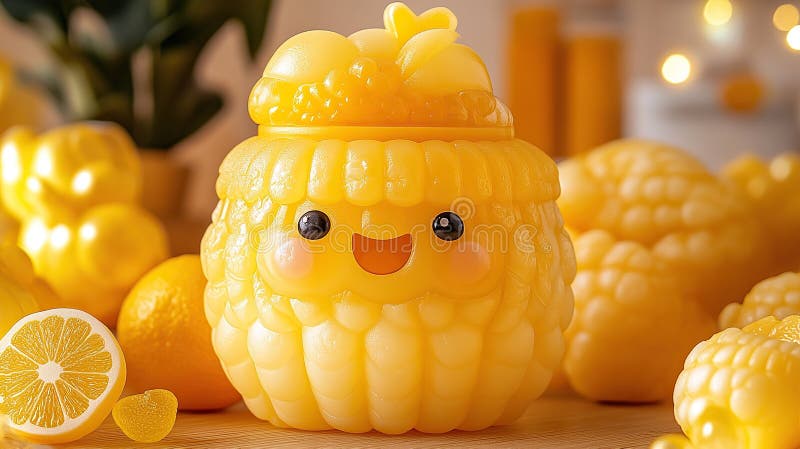 Smiling, Yellow Fruit-shaped Container with a Crown. Surrounded by ...