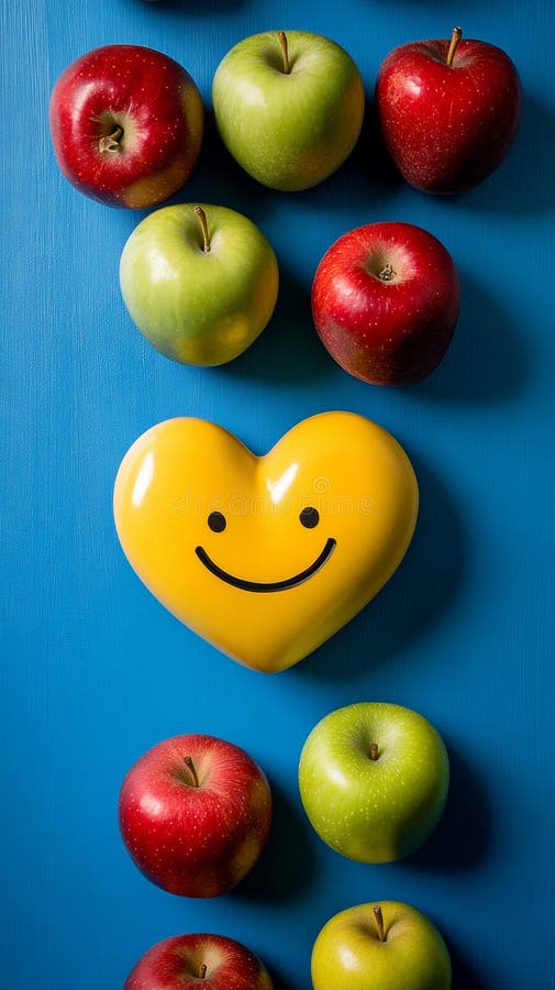 Smiling Yellow Heart with Red and Green Apples on Blue Background Stock ...