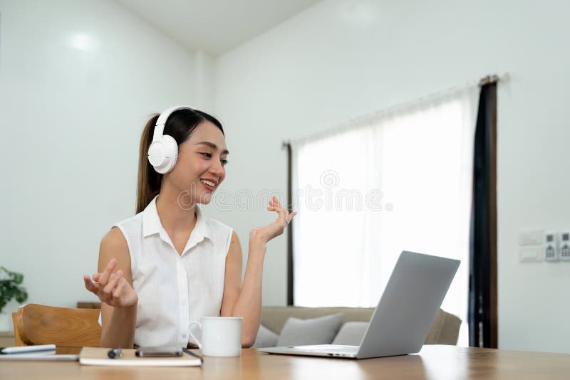 Smiling Young Asian Woman Working On Laptop At Home Attractive Asia