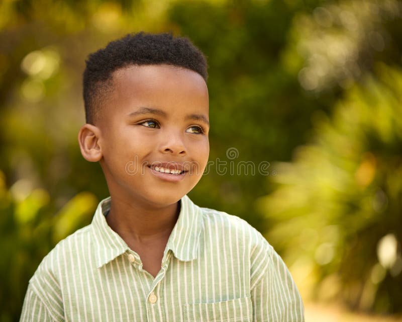 Smiling and Young Boy Outdoors in Summer Countryside or Garden Stock ...