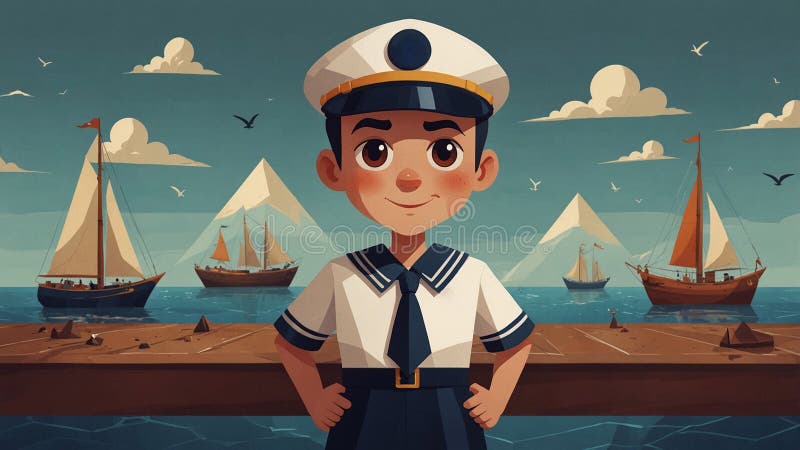 Smiling Young Boy in Sailor Uniform with Ships and Ocean in Background ...