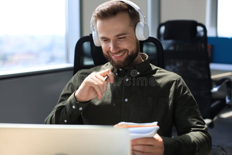 Smiling Young Business Man Having Video Call in Office Stock Image ...