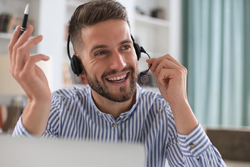 Smiling Young Business Man Having Video Call in Office Stock Image ...
