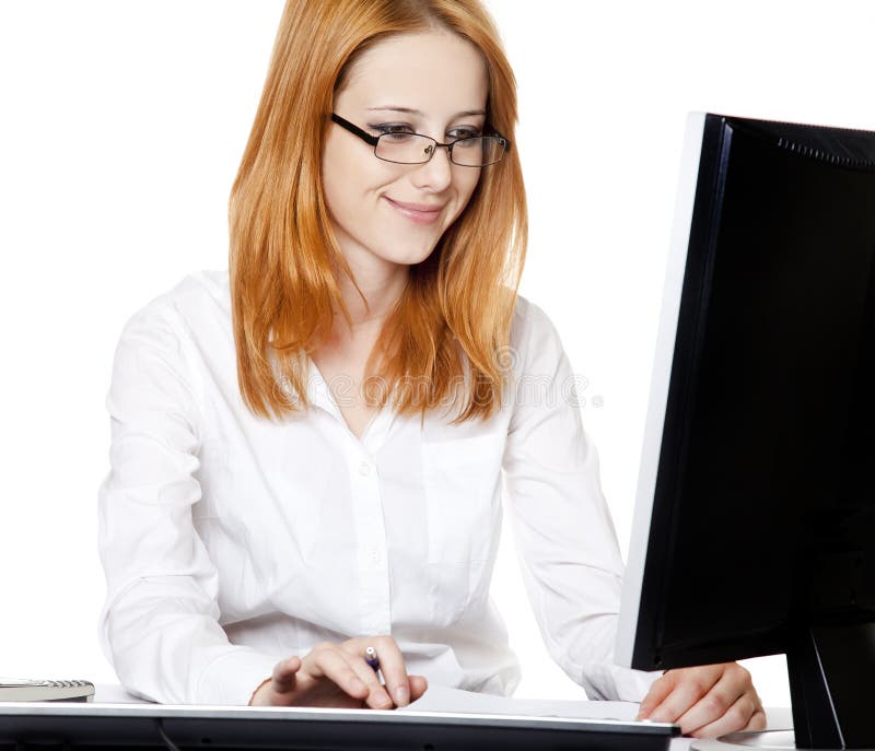 Smiling Young Business Woman Using Computer Stock Photo - Image of cute ...