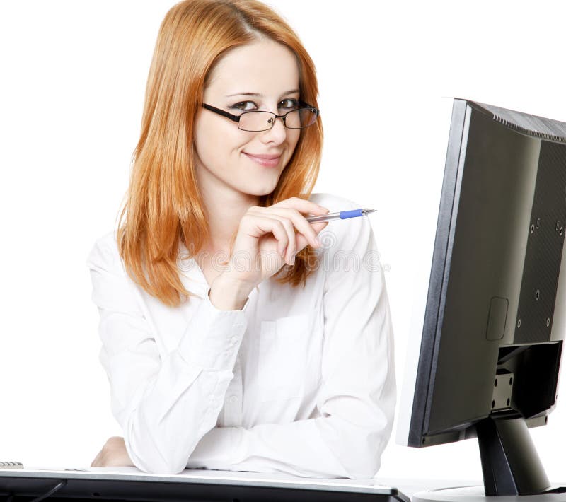 Portrait of Smiling Young Business Woman Using Computer Stock Photo ...