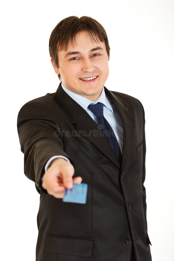 Smiling Young Businessman Giving Credit Card Stock Photo - Image of ...